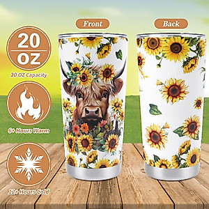 Keluna Highland Cow Gifts for Women - 4Pcs Sunflower Highlandcow Gift, 20oz Highland Cattle Tumbler with Lid Straw Cattle Makeup Bag Keychain Socks for Cow Lovers Girls Birthday Christmas Gifts
