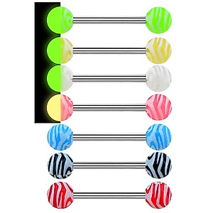 Jewseen 7Pcs 14G 316L Stainless Steel Tongue Bars Candy Color Tongue Piercings Glow in The Dark Tongue Barbell