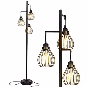 Brightech Teardrop LED Floor Lamp – Tree Standing Lamp with 3 Elegant Cage Heads & Edison Bulbs – Standing Lamp for Living Rooms & Offices – Tall Standing Lamp Ideal for Bedroom Reading – Black