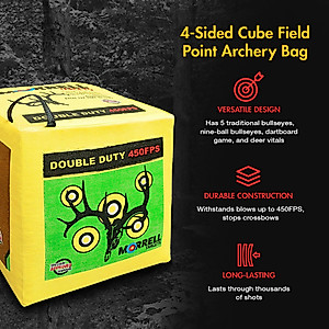 Morrell Double Duty 450 FPS Cube Field Point Archery Bag Target with Traditional Bullseyes, Nine-ball, Dartboard Game, and Deer Vitals, Yellow