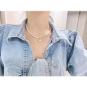 Pearl Necklace for Women, Love Heart Pendant Freshwater Pearl Necklace, 18K Gold-Plated Vintage Literary Pearl Necklace, Valentine Gift Women Jewelry