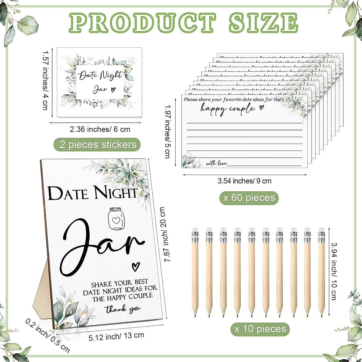 Geelin 114 Pcs Bridal Shower Games Include Date Night Jar Wooden Sign 100 Cards 10 HB Pencils 2 Stickers for Wedding Reception Games Date Idea Newlyweds Bridal Shower Party Favors(Greenery)