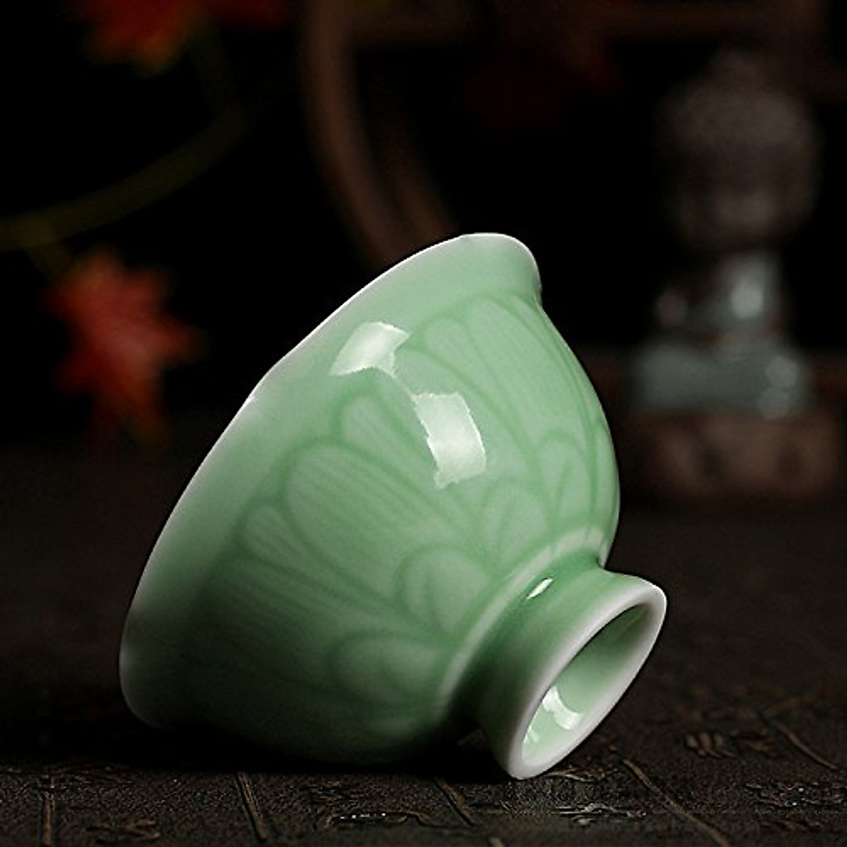 Celadon Kung Fu Teacups 2.5-Ounce Intaglio with Lotus Sake Cups (Green)