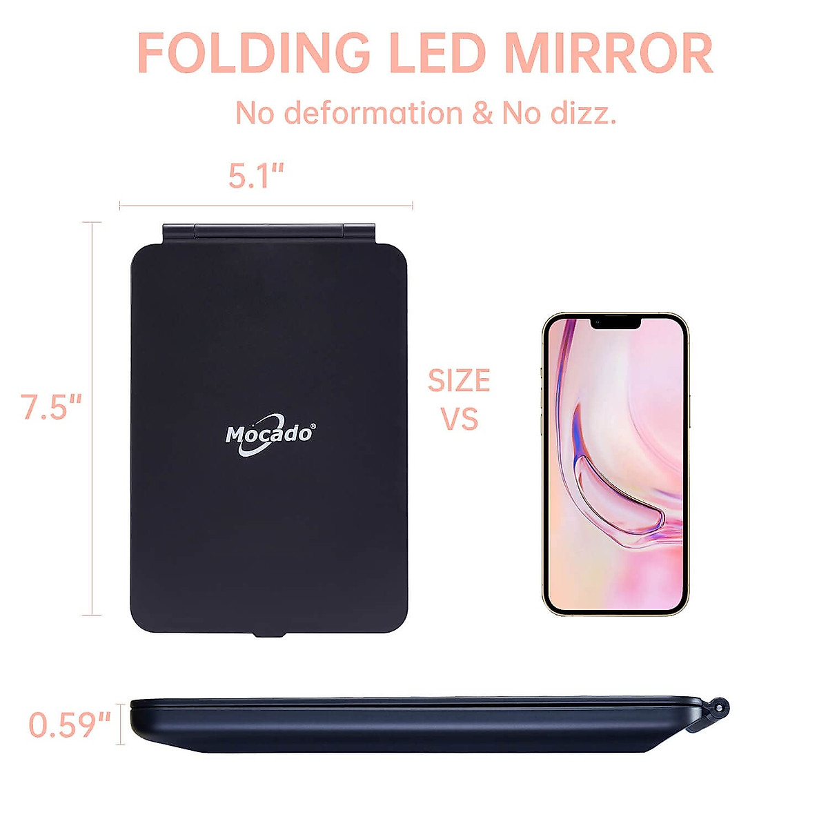 Foldable Double Sided Tabletop Mirror - Rechargeable Lighted Magnifying Mirror 10 X and 1X，3 Colors Light - Adjustable Foldable Handle for Makeup/Travel and Blackhead Removal.