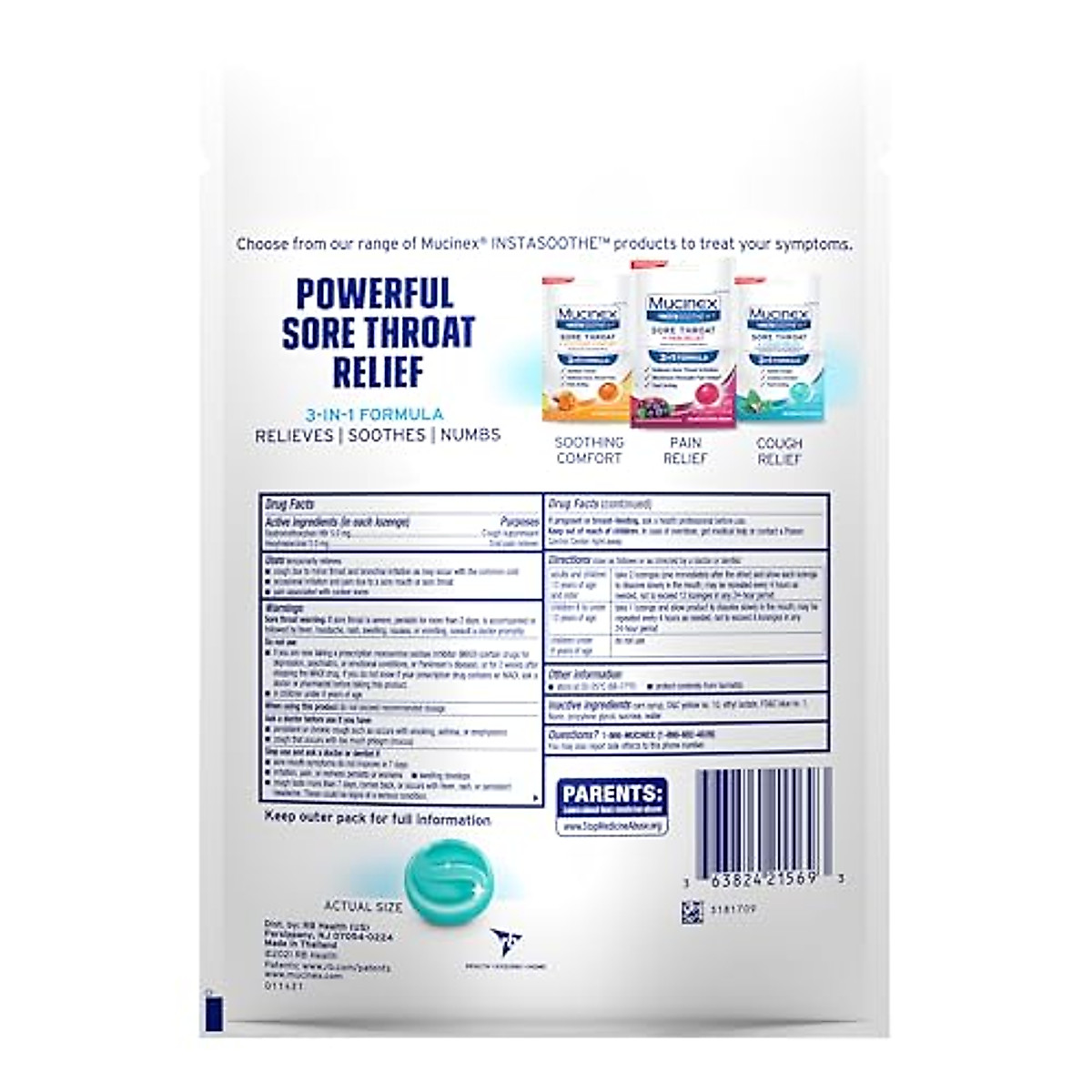 Mucinex Instasoothe Sore Throat Relief + Cough Relief, Sore Throat Lozenges, Cough Drops with Dextromethorphan HBr & Hexylresorcinol, Alpine Herbs & Fresh Mint Flavor Medicated Throat Drops, 40ct