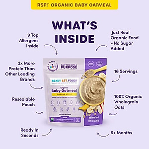 Ready, Set, Food! Organic Baby Oatmeal Cereal | Banana Apple | Organic Baby Food with 9 Top Allergens: Peanut, Egg, Milk, Cashew, Almond, Walnut, Sesame, Soy & Wheat | Unsweetened | Fortified with Iron | 15 Servings