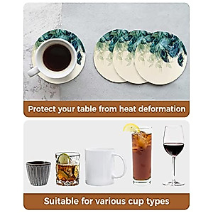 Set of 4 Coasters for Drinks Absorbing Round Ceramic Stone Coaster with Cork Base,Peacock Feather Teal Blue Turquoise Floral Green Leaf Coffee Table Coasters