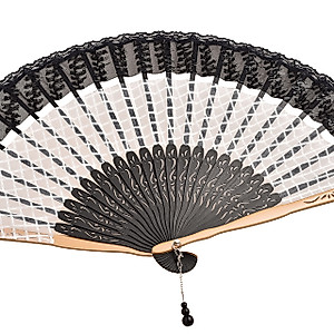 Women Lace Folding Fan Vintage Embroidery Flower Japanese Elegant Wooden Hand Fan for Wedding Party Gift (Black)