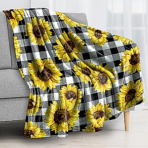 Reunbmq Super Soft Flannel Fleece Throw Blanket, Lightweight Sherpa Blankets Comfortable Bed Throws 3D Printed Blanket for Couch/Chair/Sofa/Bed/Dorm/Bedroom/Home (Sunflower Buffalo Plaid)