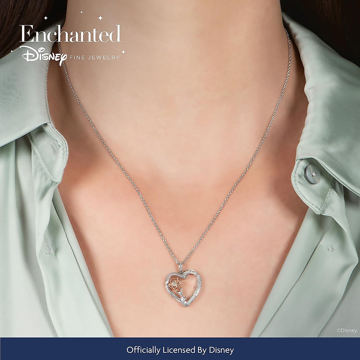 Jewelili Enchanted Disney Fine Jewelry Sterling Silver and 10K Rose Gold 1/10 Cttw Diamond Belle Rose with Heart Pendant