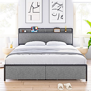 GarveeHome Full Size Bed Frame with 2 Drawers and Shelf Headboard, Charging Station with USB Port & Outlets, Upholstered Heavy Duty Platform Bed with Storage, No Box Spring Needed, Light Grey