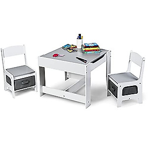 KOTEK Kids Wood Table and 2 Chairs Set with Blackboard & Storage Drawers, Children Multi Activity Table for Learning, Playing, Drawing, 3-in-1 Toddler Art Crafts Desk and Chairs Set (Gray & White)
