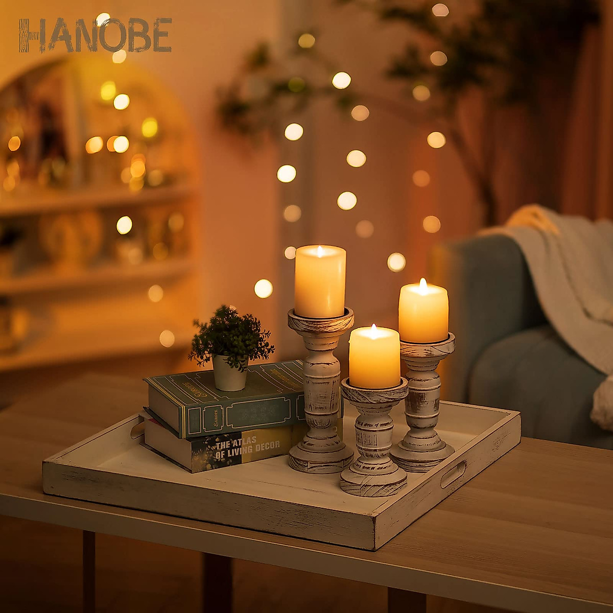 Hanobe Square Large Ottoman Tray: Extra Large Serving Wooden Trays Rustic Decorative Tray for Ottoman Coffee Table with Handles for Living Room White