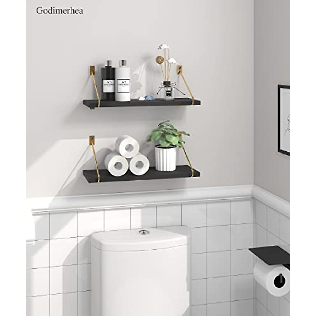 Godimerhea Black Floating Shelves for Wall, Set of 2 Wall Mounted Hanging Wood Shelf with Gold Brackets, Modern Luxury Decor Organizers Storage Shelves for Bathroom, Living Room, Bedroom