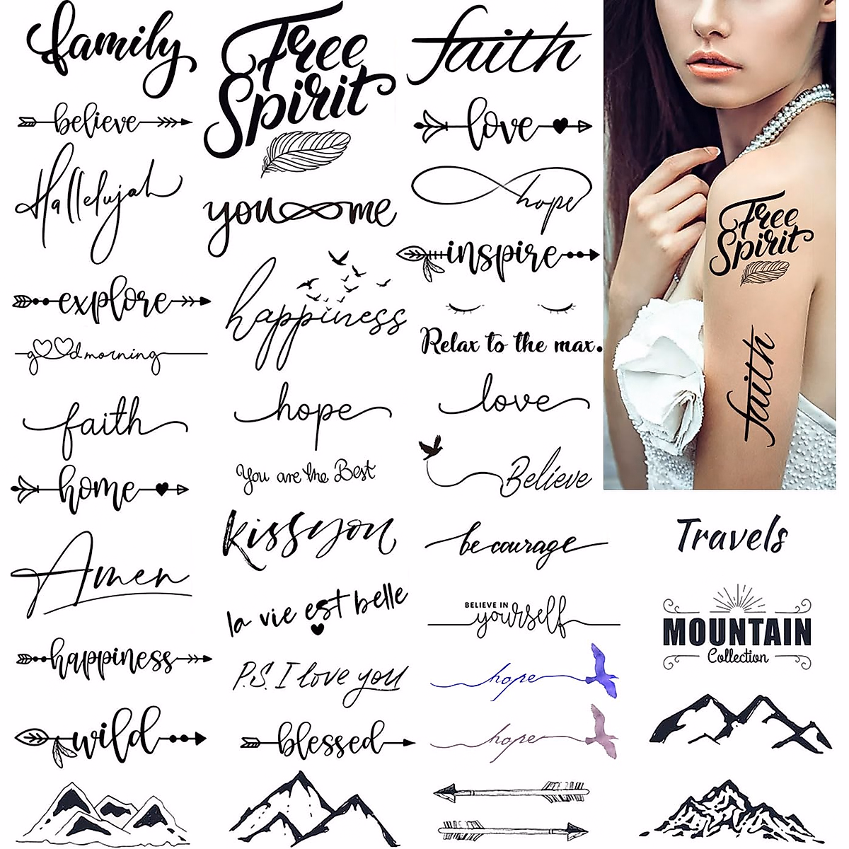 Dopetattoo 36 Designs Temporary Tattoos Faith Words Hope Love Happiness Letters Believe Fake Tattoos for Women Girls Men Adults