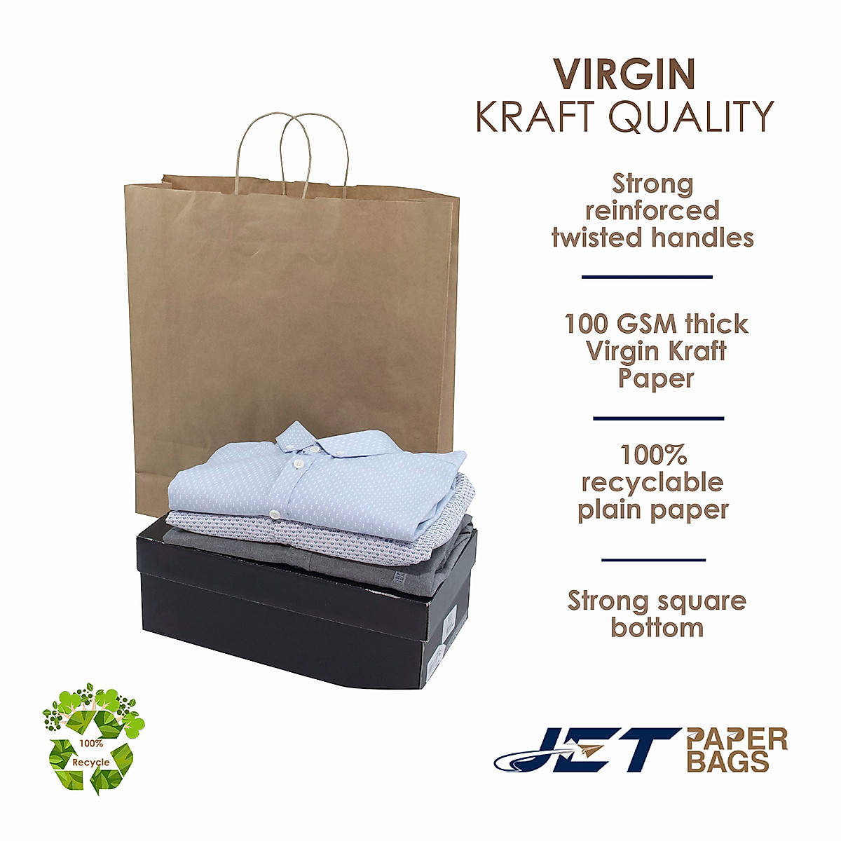 JET PAPER BAGS - 18x5x19.75 Inch [50 Pcs] Large Brown Paper Bags with Handles Prime for Takeout, Grocery, Goody, Retail, Party, Gifts, Weddings - Recyclable Kraft Paper Gift Bags with Handles