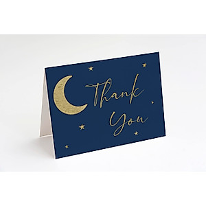 Twinkle Little Star Thank You Cards Star and Moon Over the Moon Theme Folding Notes Greeting Cards Navy Blue Gold Glitter Design Make A Wish Bright Night Boys Girls Gender Neutral (24 Count)