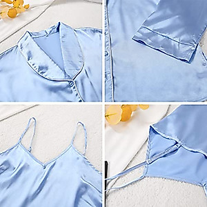 Womens Pajama Sets Silk Satin 3 Piece Sleepwear Cami Shorts and Long Sleeve Top Set Soft Comfy Loungewear, 3-blue-imitation Silk-3pcs