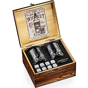 Mixology & Craft Whiskey Stones Gift Set for Men | Pack of 2, 10 oz Whiskey Glasses w/ 8 Granite Chilling Rocks, 2 Slate Coasters, Cocktail Cards in a Rustic Wooden Crate | Whiskey Essentials