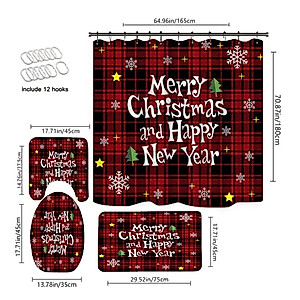 4 Pcs Christmas Red Buffalo Plaid Shower Curtain Set with Rugs, Toilet Lid Cover Bath Mat ,Christmas Shower Curtain with 12 Hooks,65 x 70 Inches Waterproof Christmas Shower Curtain for Bathroom Set