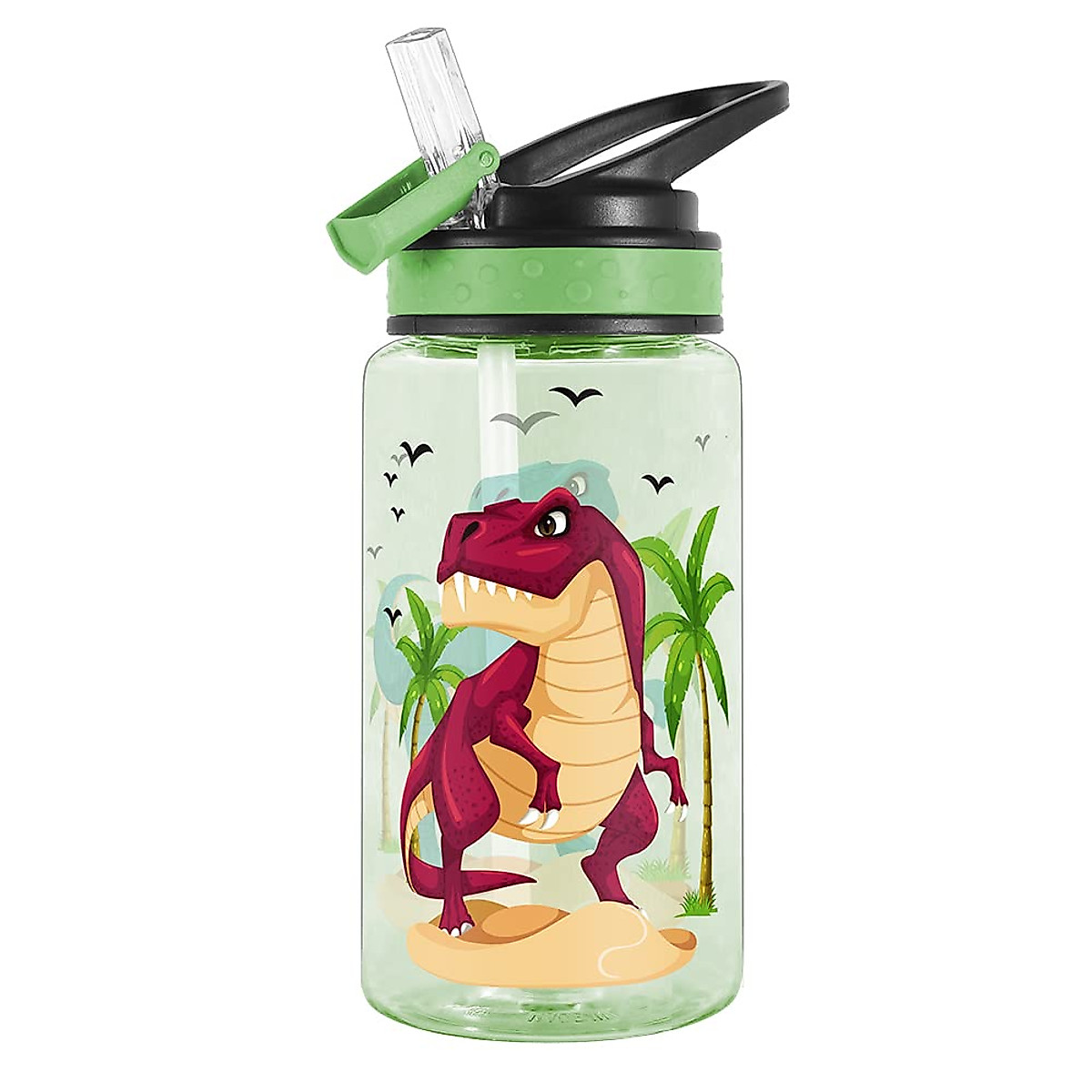 Home Tune Cute Water Bottle for Kids Girls Boys, BPA Free & Sturdy Print & Leak Proof Flip Straw & Carry Loop & Easy Clean, 15oz - Dinosaur