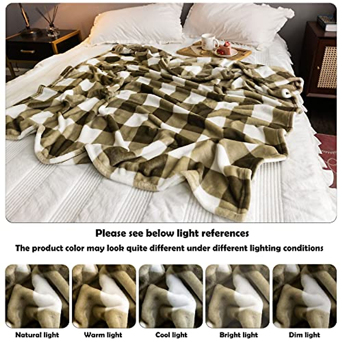 NEWCOSPLAY Buffalo Plaid Throw Blanket Soft Flannel Fleece Checker Pattern Lightweight Decorative Blanket for Bed Couch (280GSM-White Army Green, Throw(50"x60"))