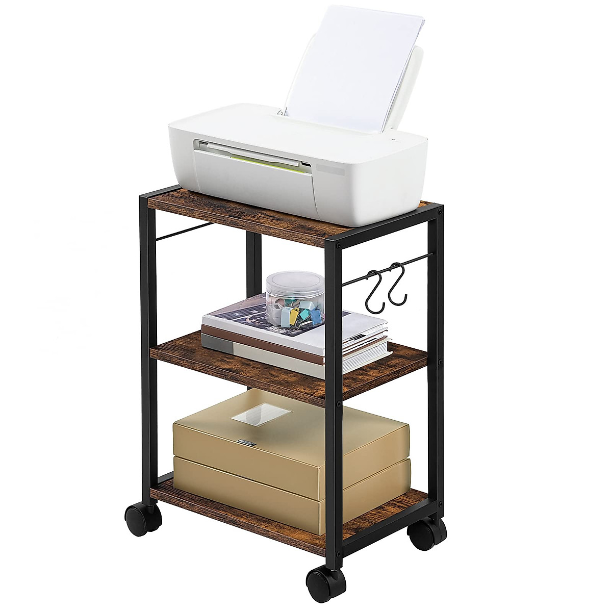 ALLOSWELL Mobile Printer Stand, 3-Tier Printer Cart Under Desk with Storage, Industrial Rolling Cart with 2 Hooks, Sturdy Little Cart on Wheels for Home Office, Rustic Brown and Black PTHR4001