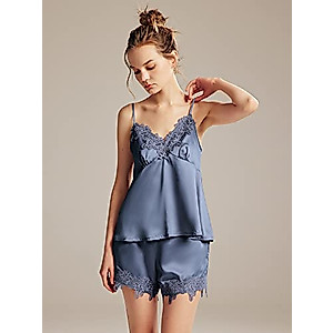 AW BRIDAL Womens Pjs Sets Silk Bride Bridesmaid Pajamas Lace Satin Short Pajama Set for Women Sexy Lingerie for Wedding Bridal Party, Dusty Blue XL
