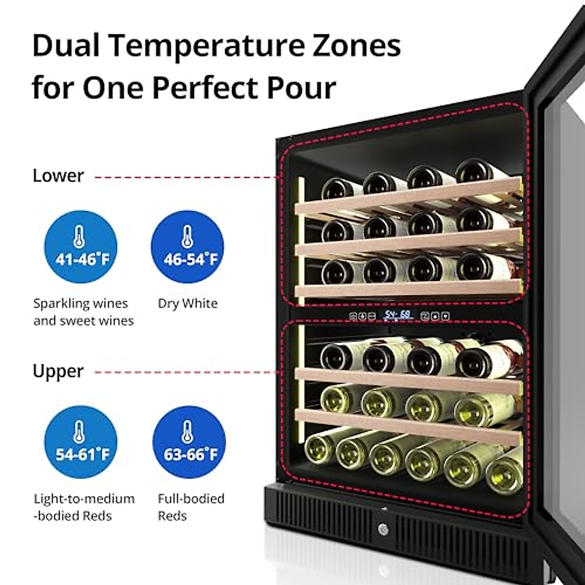 Frostronics 24 Inch Dual Zone Wine Refrigerator, 51 Bottles Under Counter Built-In or Freestanding Wine Cellar, Wine Cooler with Quiet Compressor Cooling and Reversible Glass Door, Fits Large Bottle
