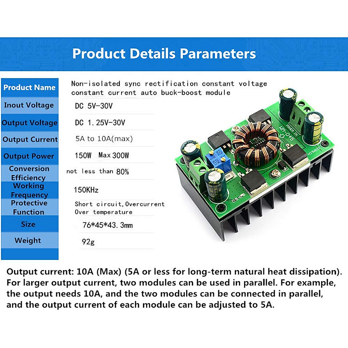 Auto Boost Buck Converter, 5A(Max 10A) DC 5V-30V to 1.25-30V Voltage Regulator Constant Voltage Constant Current CV CC Auto Step-Up/Down Boost Converter Solar Charging Power Supply Module 150W
