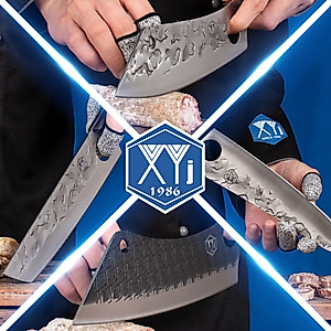 Authentic XYJ Since 1986,Camp Cooking Knives Set,High Carbon Steel Slicing Chef Knife With Kitchen Scissors,Carry Bag,Sharpener Rod,Butcher Meat Vegetable Knife,Full Tang,Hammer Finished