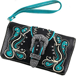 Zelris Western Paisley Buckle Women Crossbody Wrist Trifold Wallet (Turquoise)