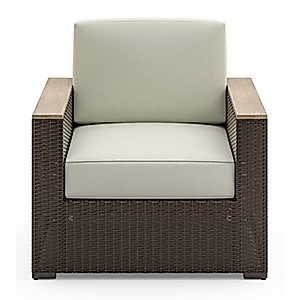 Homestyles 6800-10 Palm Springs Outdoor Arm Chair with Cushion, Weatherproof Woven Wicker Rattan with Acacia Wood Accents, 1 Person, Beige