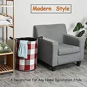 Haundry Foldable X-Large Laundry Hamper with Durable Leather Handles, 22'’ Tall Large Round Laundry Basket for Clothes Storage, Red Buffalo Plaid