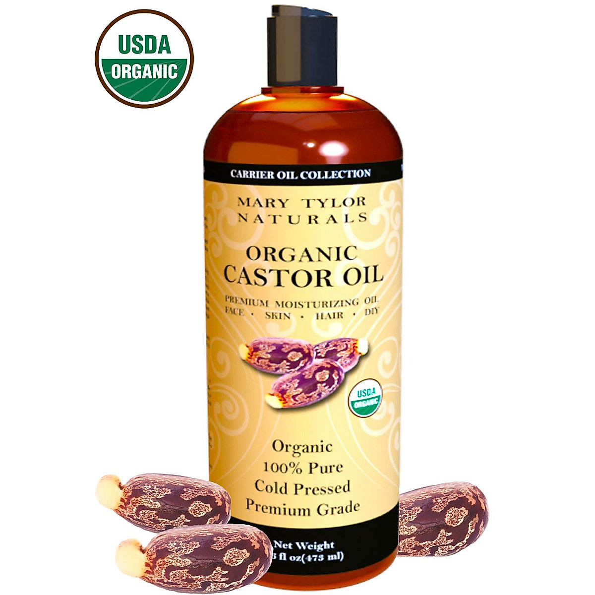 Mary Tylor Naturals Organic Castor Oil 16 oz — USDA Certified Cold Pressed, Hexane Free, 100% Pure and Natural