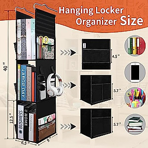 Annecy Locker Organizer for School, Work, Gym, and Closet, 3 Shelf Hanging Locker Accessories for Girls Boys, Adjustable School Locker Shelf from 3 to 2 Shelves, Black