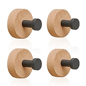 Funnytek Adhesive Wood Coat Hooks - 4 Pack Beech Wood Wall Hooks Natural Rustproof Coat Rack Adhesive Hooks for Wall, Towel Hooks for Hanging Coats, Hats, Bags, Keys (Style C)
