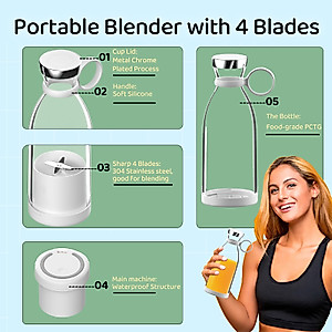 Asa Vea Mini Blender for Smoothies and Milkshakes, Portable Blender, Rechargeable, Personal Size Blender with Quota Outer Travel Lid with 4 Blades, 11 oz for Outdoors, Camping (White)