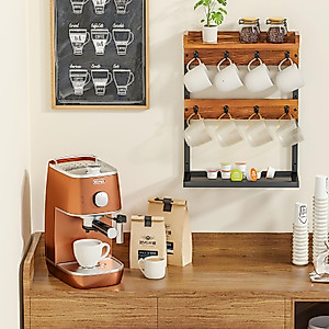X-cosrack Countertop Coffee Mug Holder Rack 2 Tier Wall Mount Coffee Cup Holder Stand with 8 Hooks and Storage Shelf,Display Organizer Rack for Home Kitchen, Rustic Brown