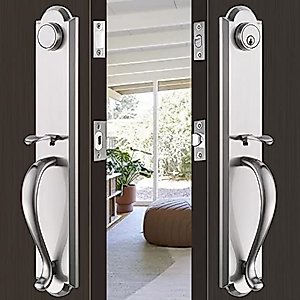 HISAFE Front Door Handle Double Door Lock Set with Camelot Trim in Satin Nickel, Entrance Handle Set with Deadbolt and Lever, X-2018SET