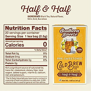 Southern Breeze Cold Brew Sweet Tea Half & Half Iced Tea with Black Tea and Zero Carbs Zero Sugar, 20 Individually Wrapped Tea Bags Southern Sweet Tea Iced Tea Beverage