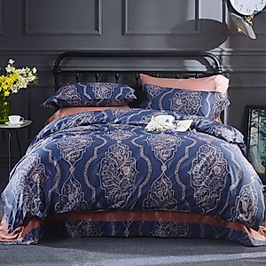 SLUMBERTOWN Silky Soft Cotton 3 Piece Duvet Cover King Size Set - Blue Damask Medallion Luxury Vintage Boho Pattern Comforter Cover on 300TC Egyptian Cotton - Muted Navy Blue Salmon Pink Bedding Set
