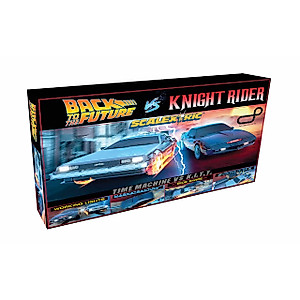 Scalextric C1431M 1980s TV - Back to The Future vs Knight Rider Race Set- Mains Power Slot Car Race Track Sets, 1:32 Scale Set, Electric Racing Toys for Adults or Kids, Age 8+