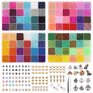 QUEFE 24000pcs 3mm Glass Beads for Jewelry Making Kit, 96 Colors Glass Seed Beads with Pendant Charms and Letter Beads for Friendship Bracelets Necklace Earring Ring Making