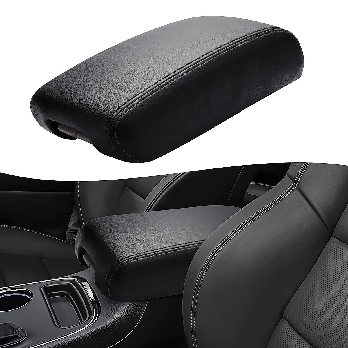 KBH Center Console Cover Replacement for Jeep Grand Cherokee & Dodge Durango 2011-2020, Vinyl Leather Armrest Upholstery, Anti-Scratch, Black (Leather Part Only)
