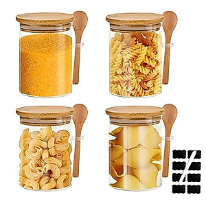 Nevfiro 4 Pack Airtight Glass Jars with Bamboo Lid and Spoon, 19Oz Borosilicate Glass Food Storage Containers Canisters, Decorative Overnight Oats Containers with Lids for Coffee, Tea, Sugar