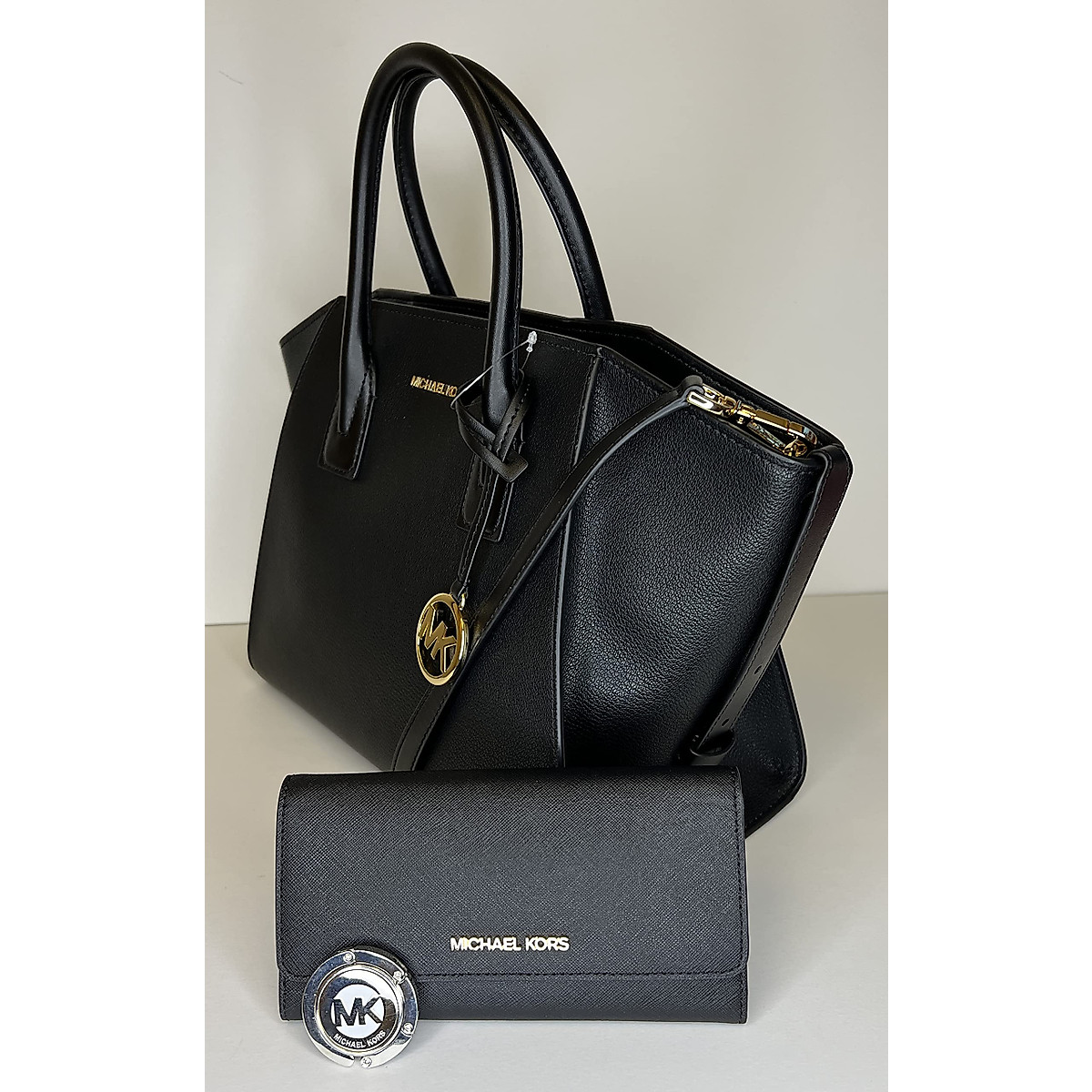 Michael Kors MICHAEL Michael Kors Avril Large Top-Zip Satchel bundled with Trifold Wallet Purse Hook (Black)