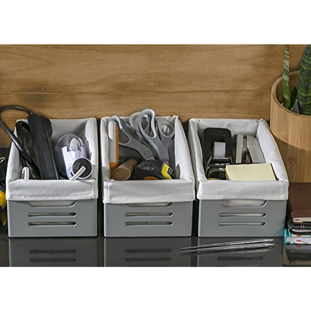 2 Pack Gray Bathroom Decor Box Toilet Tank Basket Topper - Wood Bathroom Baskets - Back of Toilet Storage Basket for Toilet Paper storage, Lined with Soft Linen Fabric - Countertop Organizer