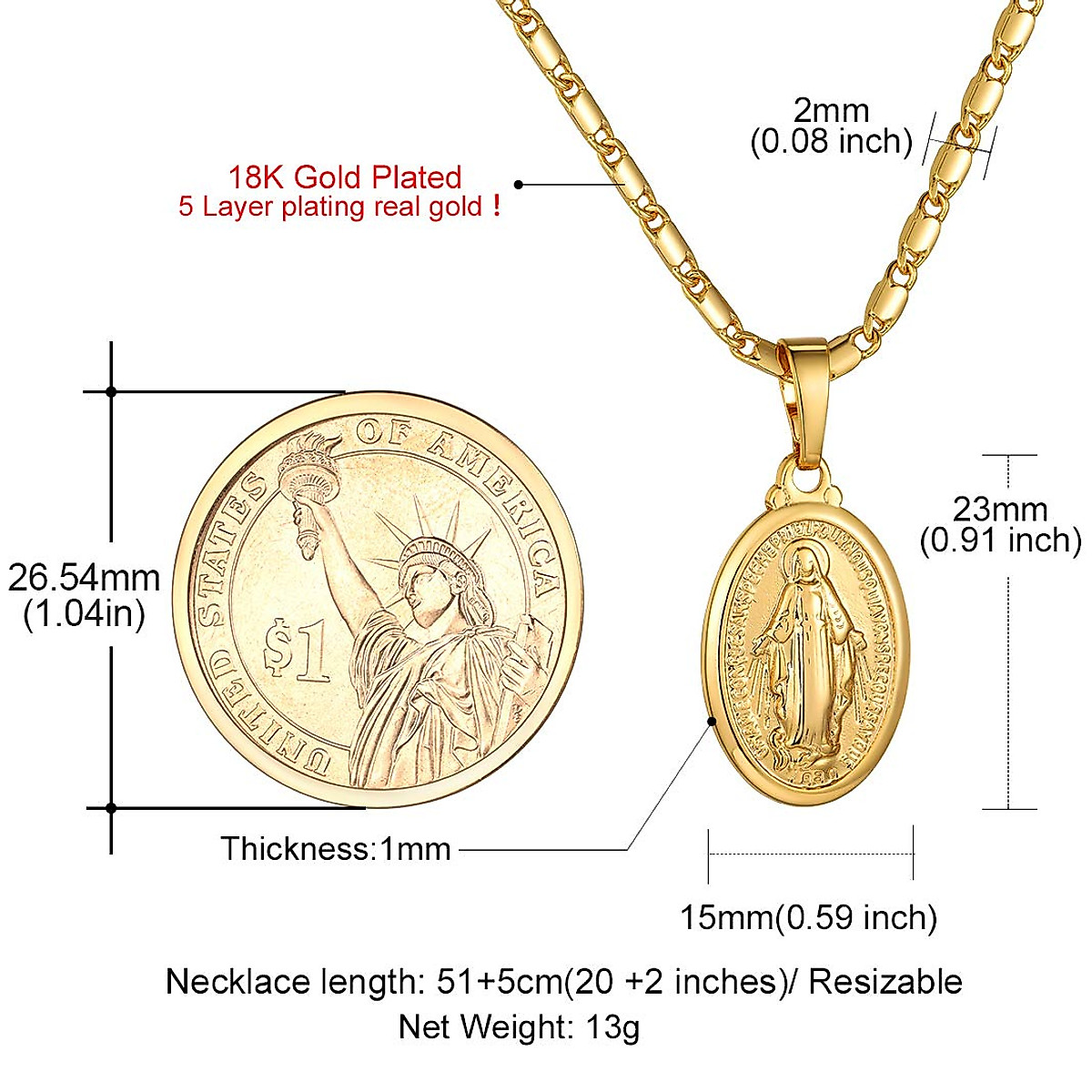 GOLDCHIC JEWELRY Gold Blessed Our Lady Of Guadalupe Pendant Necklace for Women, 18k Gold Plated Mary Medallion Necklace, Medal Necklace For Women Men-With Gift Box