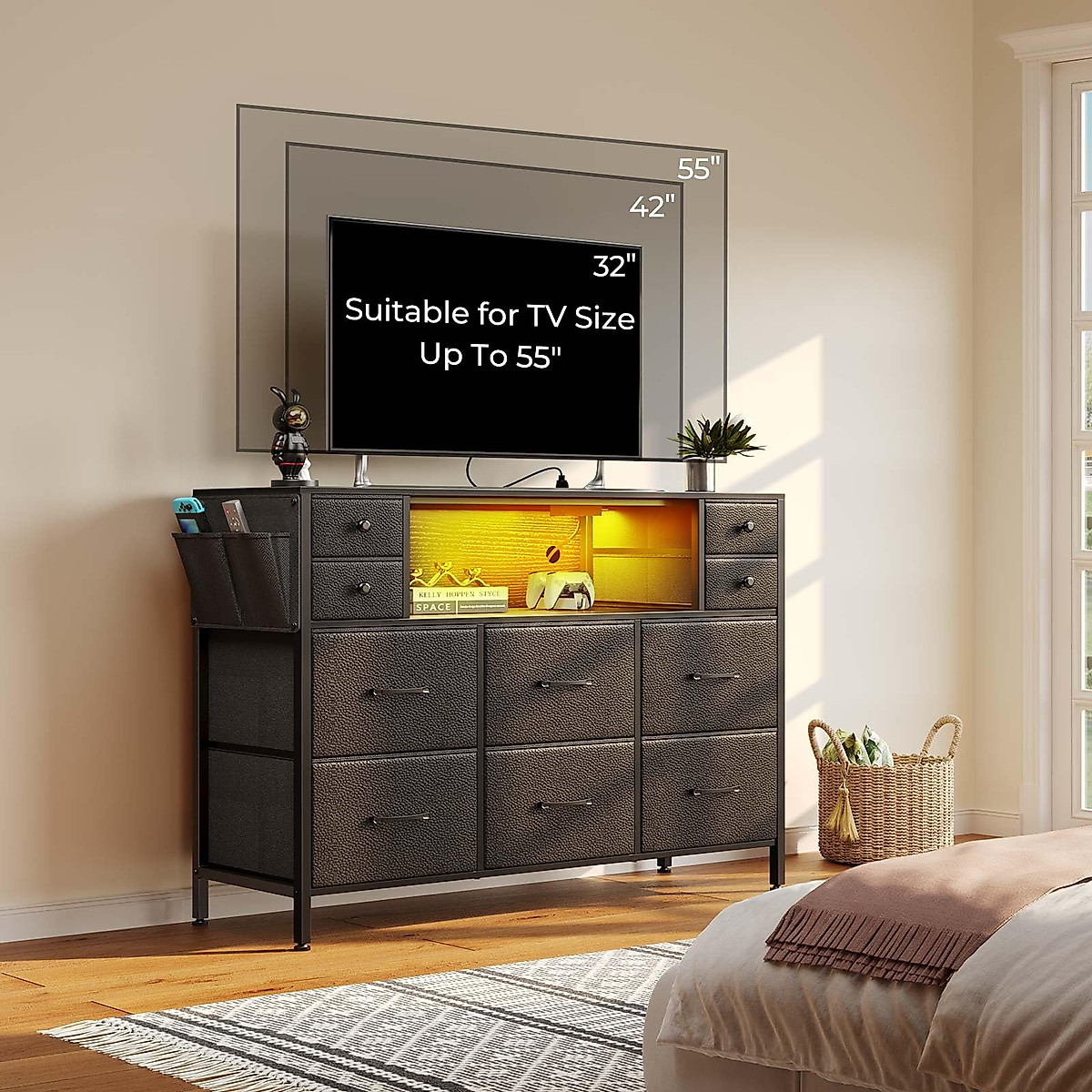 Rolanstar Dresser with Power Outlets and LED Lights, 10 Drawers Dresser with Side Pocket, Fabric Chest of Drawers with PU Finish, TV Stand with Wood Top for up to 55inch TV, Black,XL